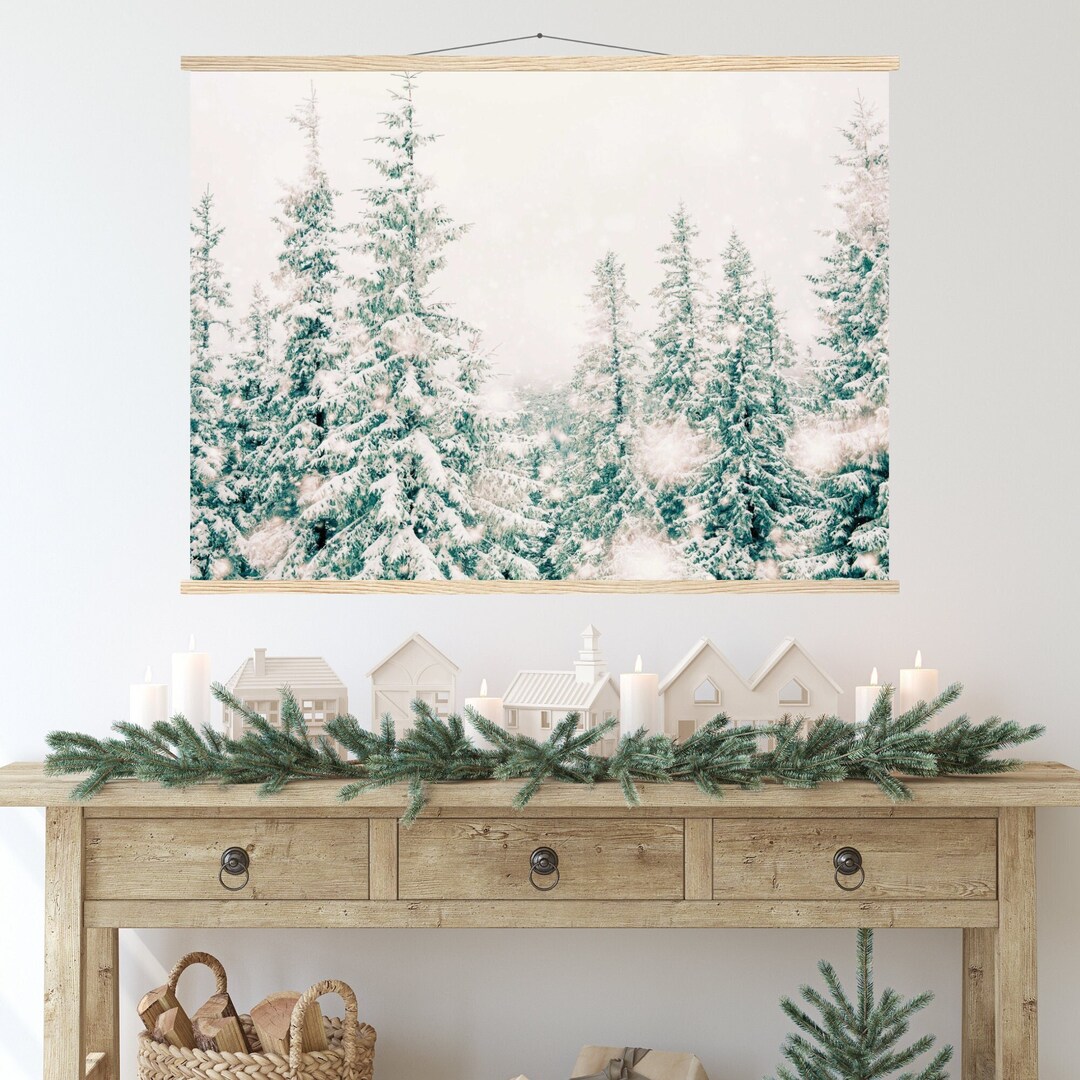 Snowy Trees Art Evergreen Forest Large Christmas Sign Winter Forest ...