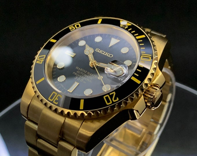Gold & Black Submariner Seiko Mod Custom Automatic Watch With - Etsy