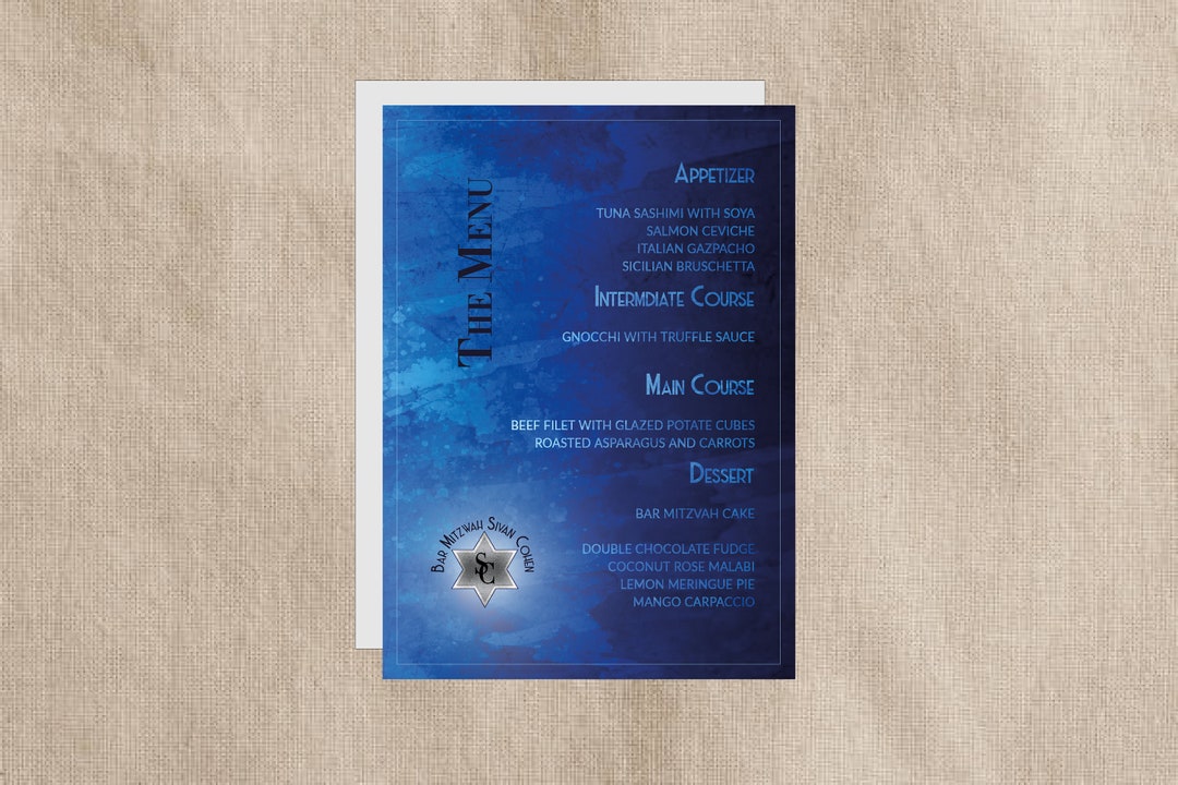 Digital Download Bar Mitzvah Menu, Printable Bar Mitzwah Menu Card - Etsy