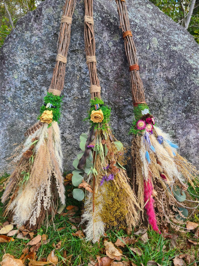 Floral Witchy Broom, Besom, Boho Dried Flowers. Woodland Witch. Green ...