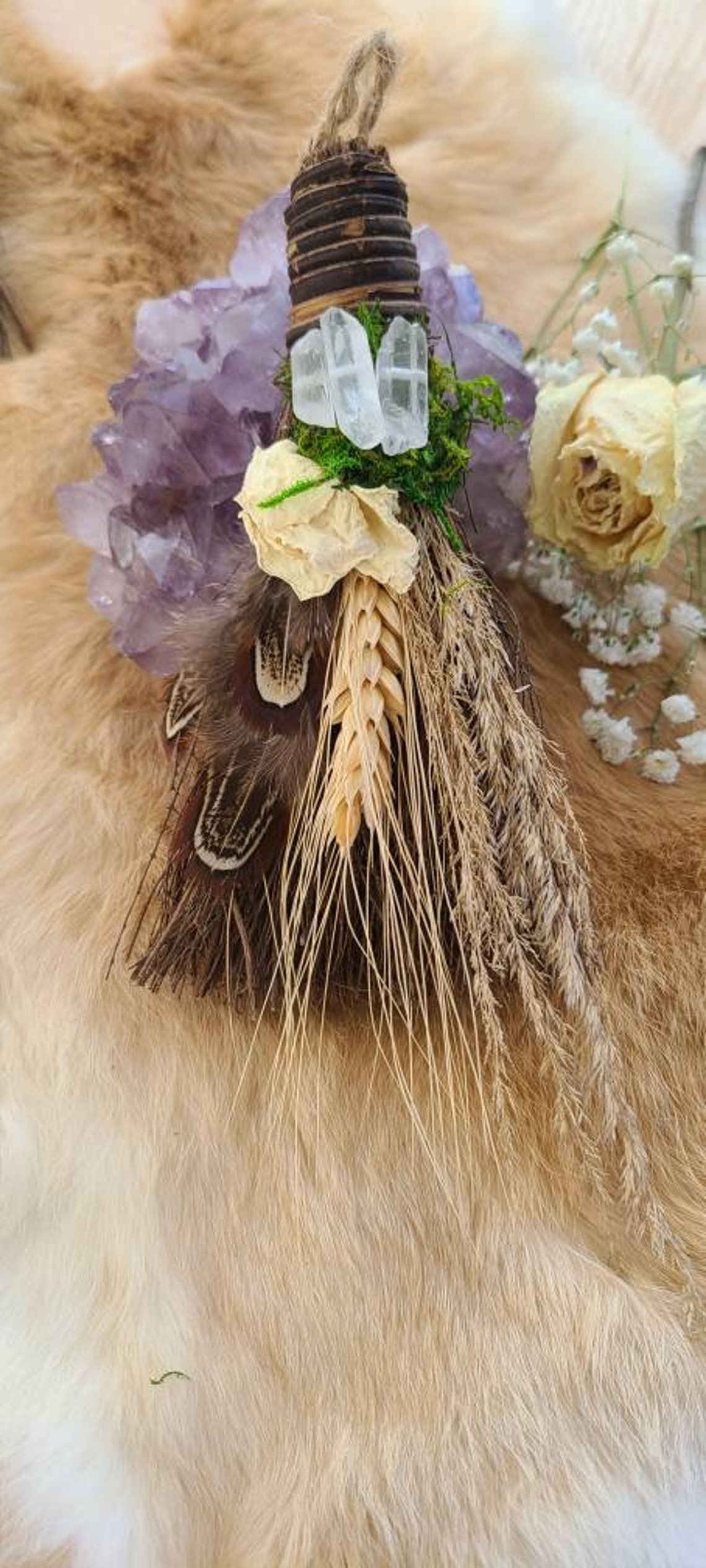 Crystal Altar Witch Broom: Rustic Home Blessing Altar Besom With Clear ...