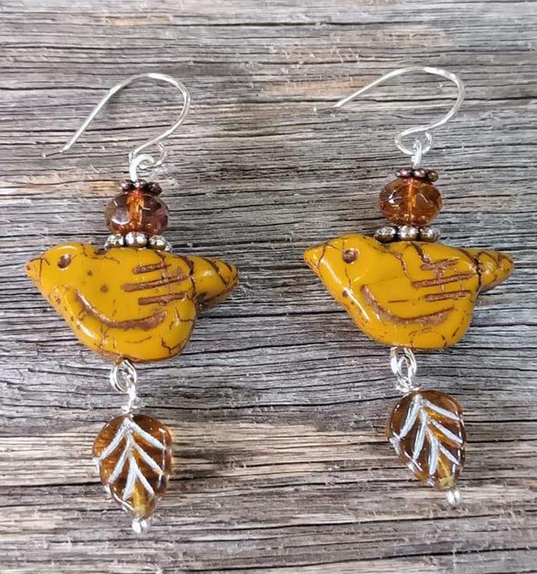 Mustard Yellow Bird Earrings, Chunky Bird Dangles, Czech Glass ...