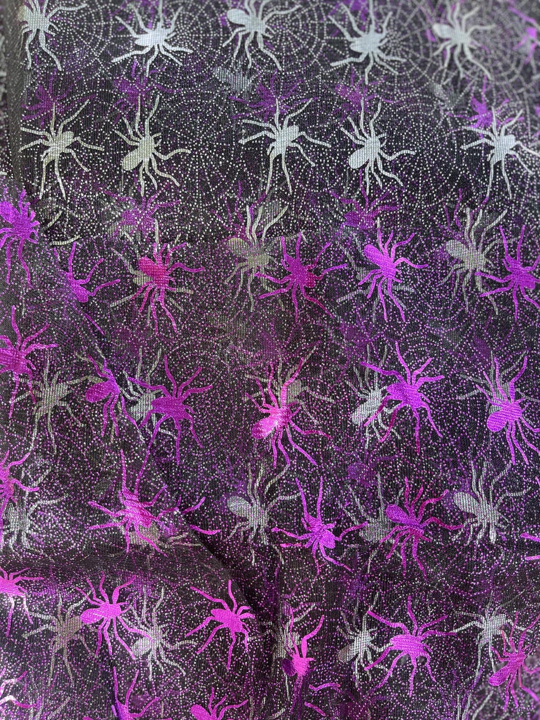 Black Mesh Purple Silver Foil Spiders | No Stretch Mesh | Mesh | DIY ...