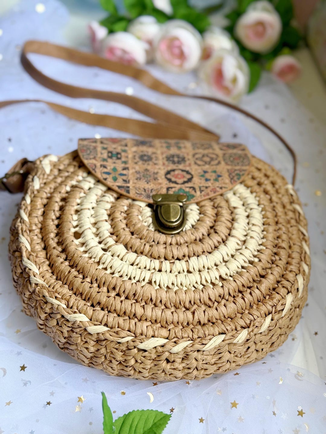 Vintage-style Woven Straw Crossbody Bag With Cork Pattern Flap - Etsy