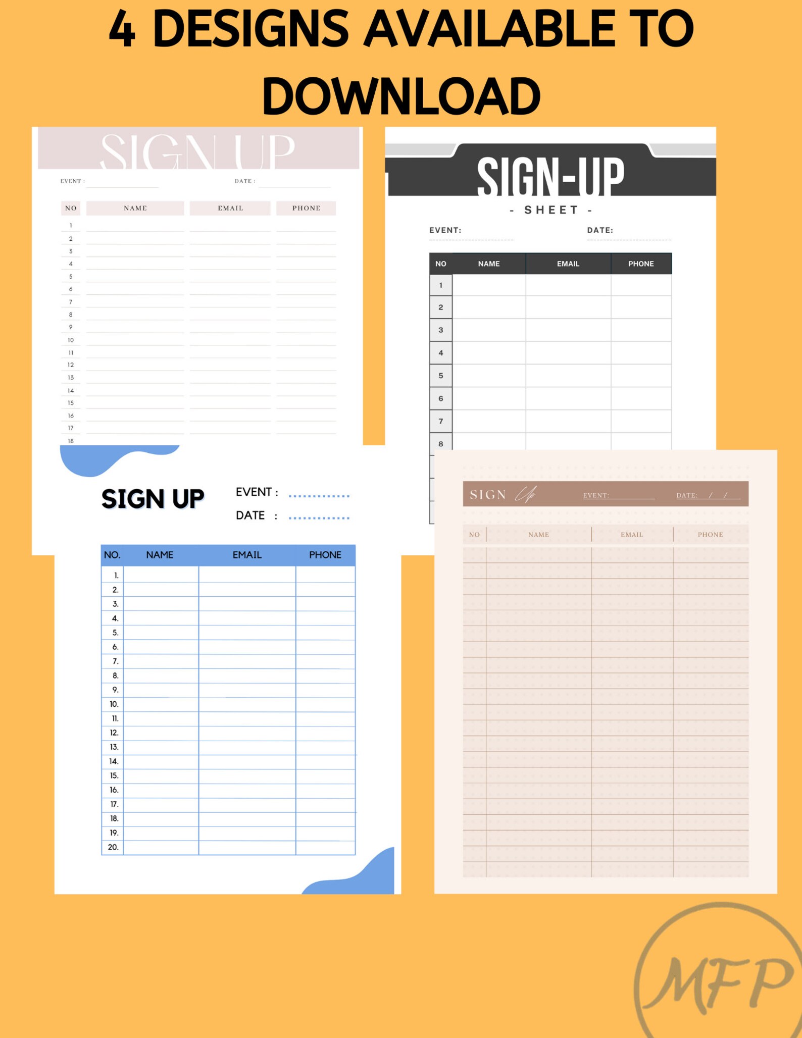 Minimalist Sign up Sheet BUNDLE, 4 Sign up Forms, PRINTABLE Sign up ...