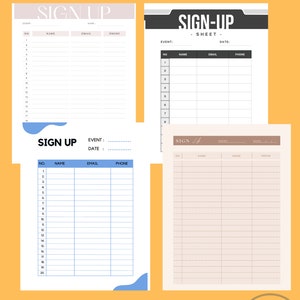 Minimalist Sign up Sheet BUNDLE, 4 Sign up Forms, PRINTABLE Sign up ...