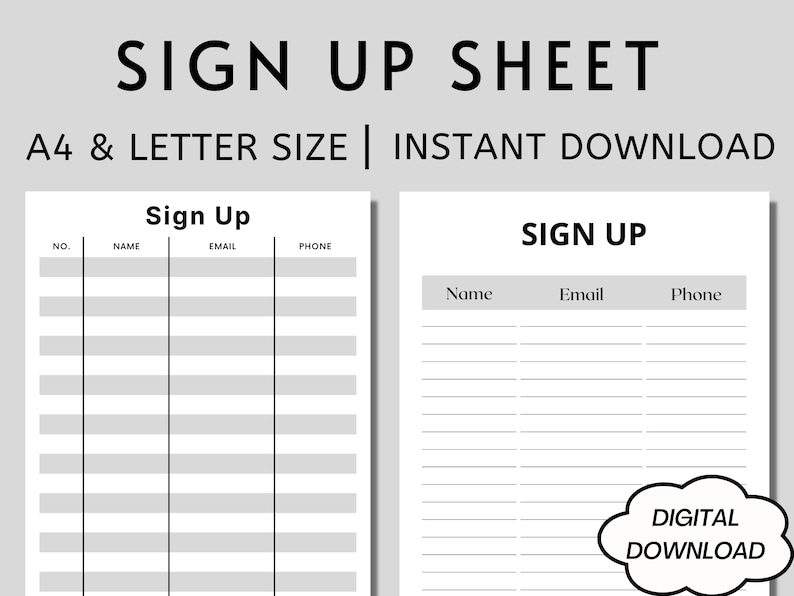 Sign up Sheets, Email Sign up Forms, Event Sign Up, PRINTABLE Sign Up ...