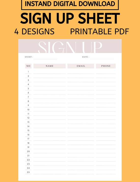 Minimalist Sign up Sheet BUNDLE 4 Sign up Forms PRINTABLE - Etsy