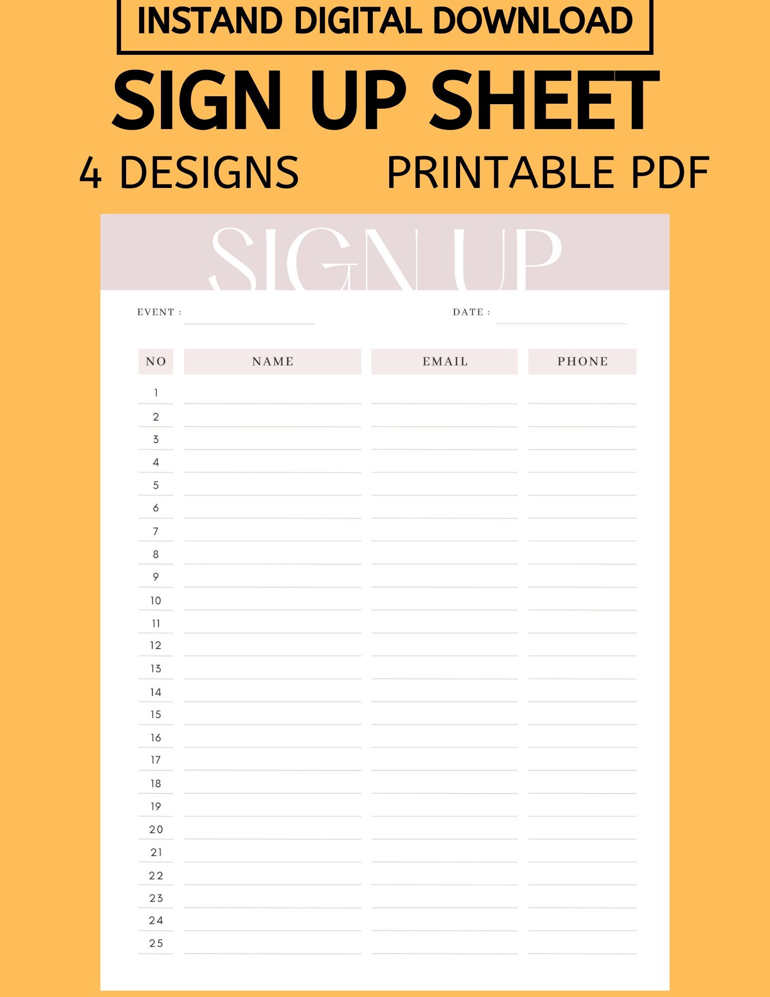 Minimalist Sign up Sheet BUNDLE, 4 Sign up Forms, PRINTABLE Sign up ...