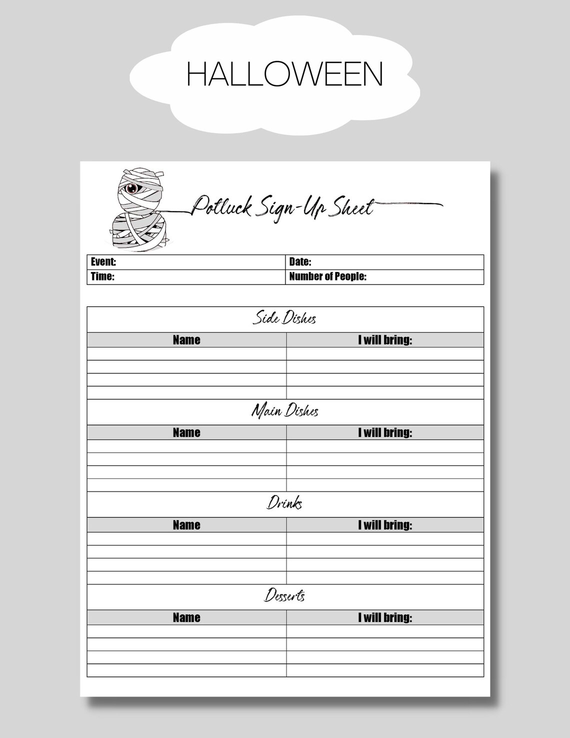 Potluck Sign Up Sheet Printable PDF Christmas Thanksgiving