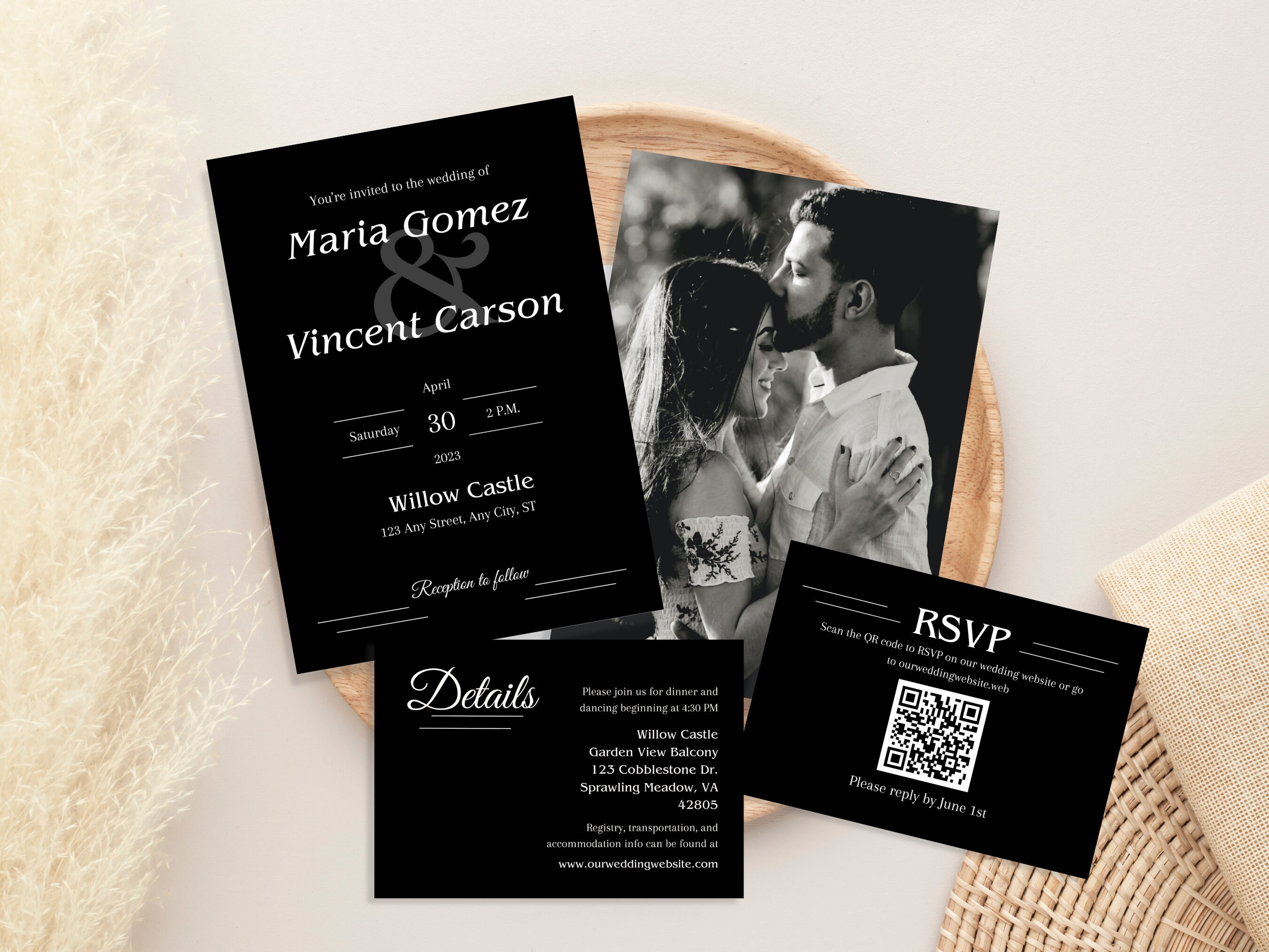 Minimalist Black Wedding Invitation, Custom Editable Canva Template ...