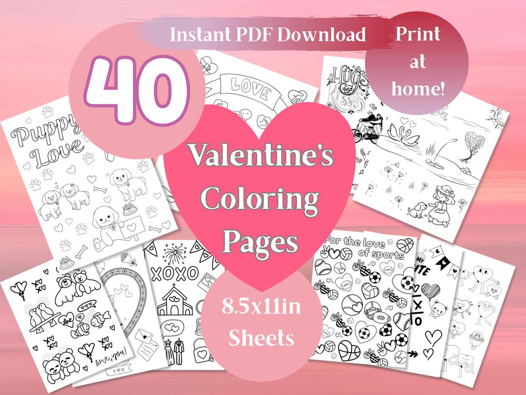 Valentine Coloring Pages (digital PDF 40-pack), Holiday Kids Activity ...
