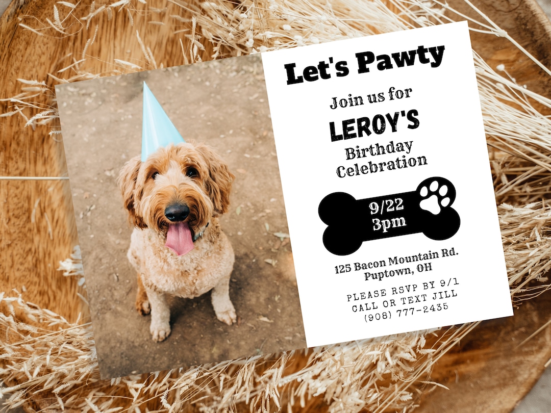 Dog Birthday Party Invitation With Photo, Custom Editable Template ...