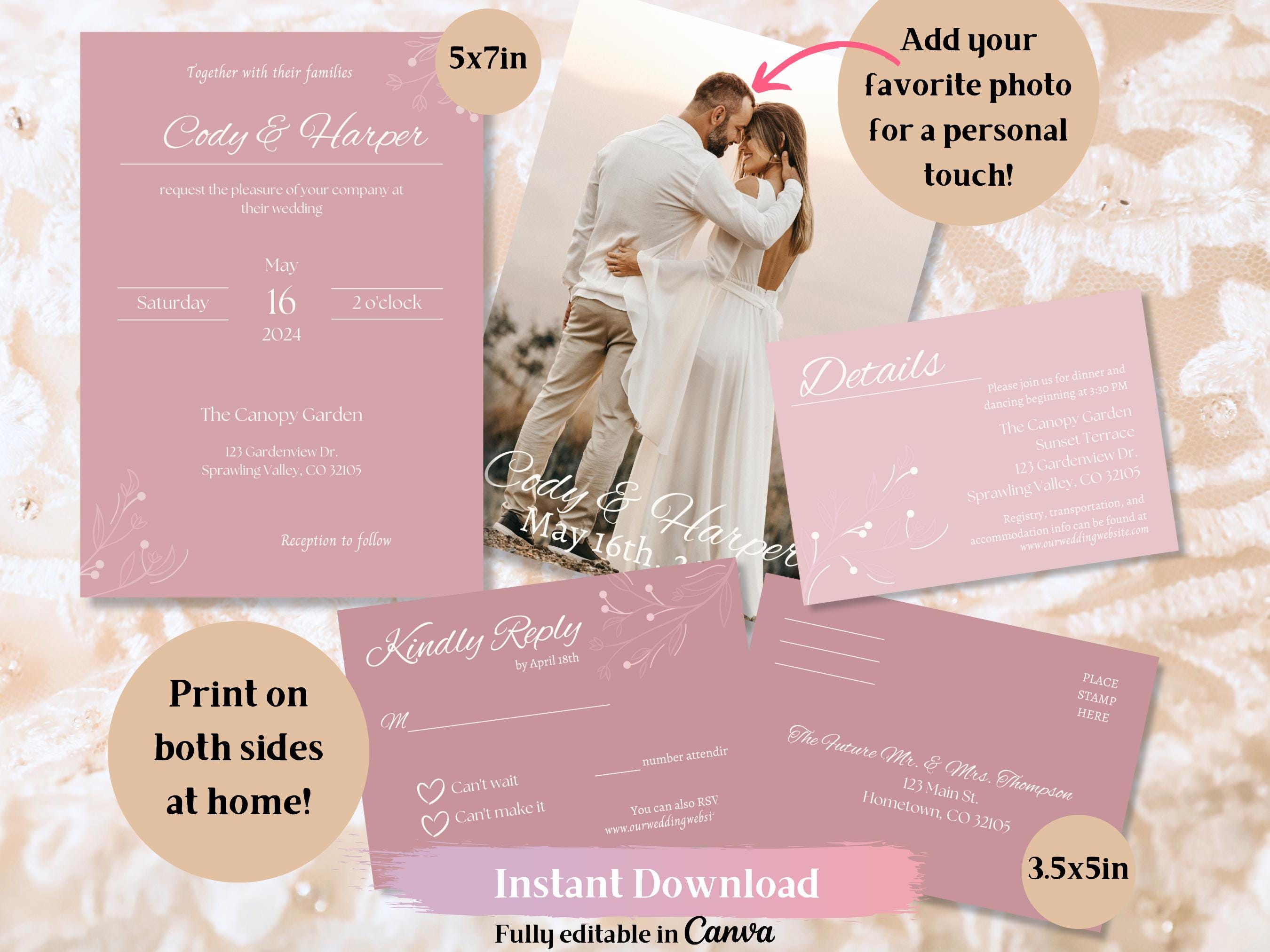 Wedding Invitation Set PRINTABLE Photo Template Bundle RSVP Postcard Dusty Rose Custom Editable Text Personalized Picture Invite Group Etsy