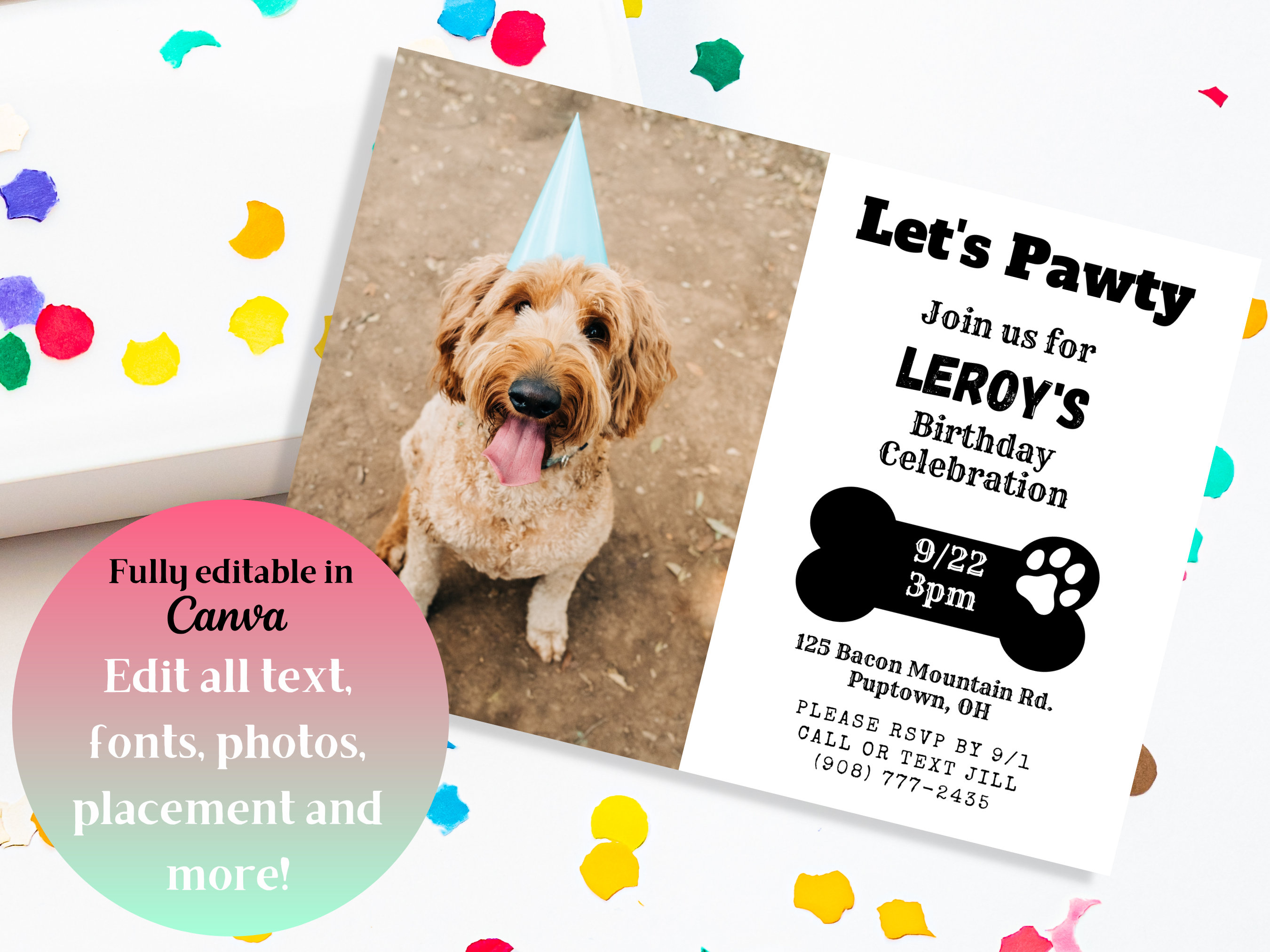 Dog Birthday Party Invitation With Photo, Custom Editable Template ...