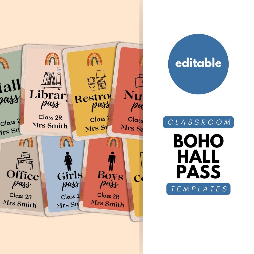 Boho Rainbow Classroom Hall Pass, Canva Templates, Bathroom, Restroom ...