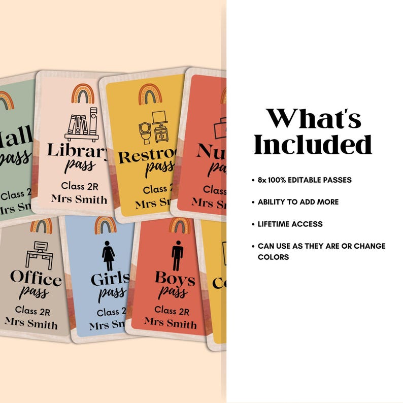 Boho Rainbow Classroom Hall Pass, Canva Templates, Bathroom, Restroom ...