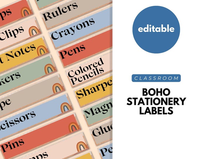 BOHO RAINBOW Teacher Rolling Cart Labels | Editable | Neutral Rainbow ...