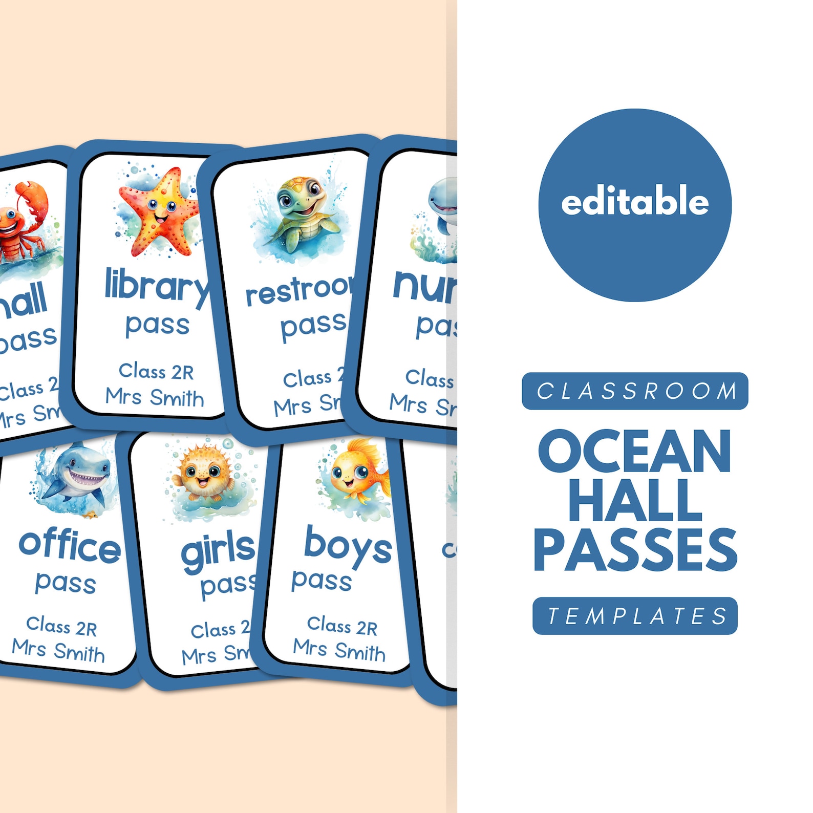Ocean Classroom Hall Pass, Canva Templates, Passes, Bathroom, Restroom ...