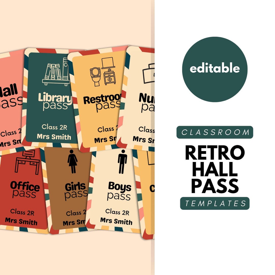 Retro Rainbow Classroom Hall Pass, Canva Templates, Bathroom, Restroom ...