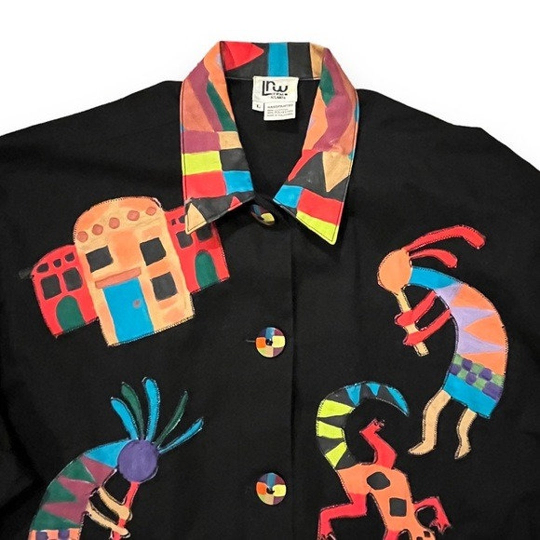 LRW Designs Blouse Hand Painted Southwestern Kokopelli Artsy Boho ...
