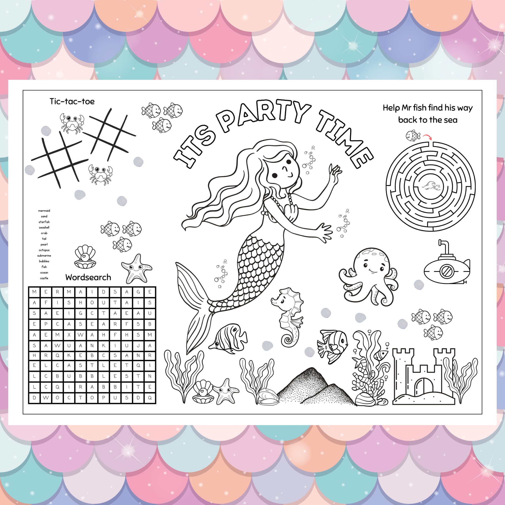 Mermaid Coloring Placemat, Under the Sea, Personalized, Digital File ...
