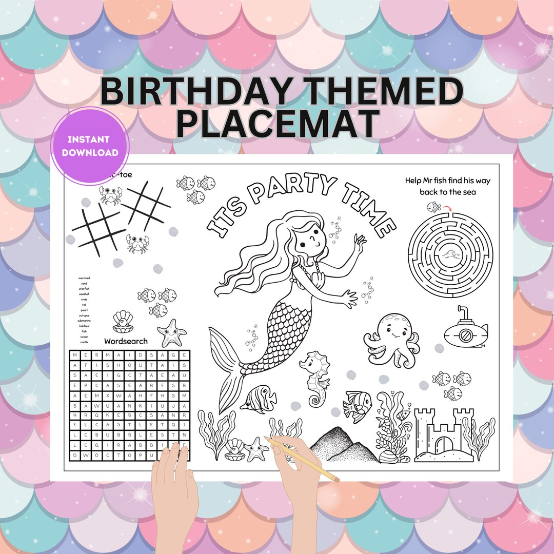 Mermaid Coloring Placemat, Under the Sea, Personalized, Digital File ...