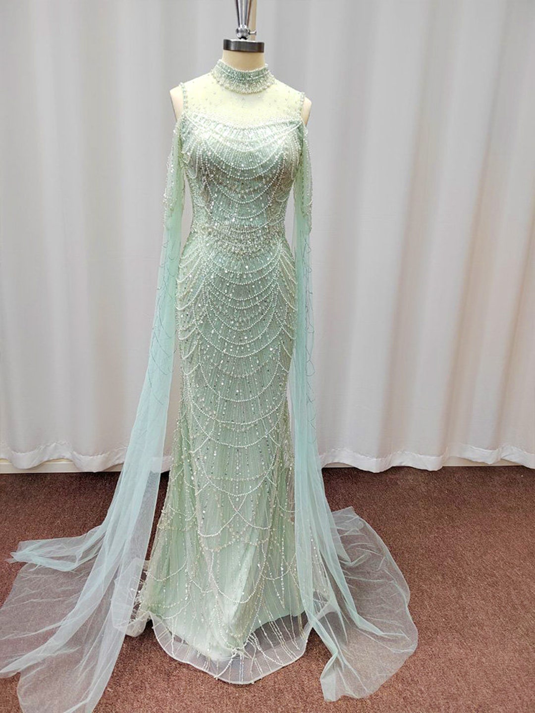 Sage Green Prom Dress, Crystal Cap Sleeve Women Formal Gowns - Etsy