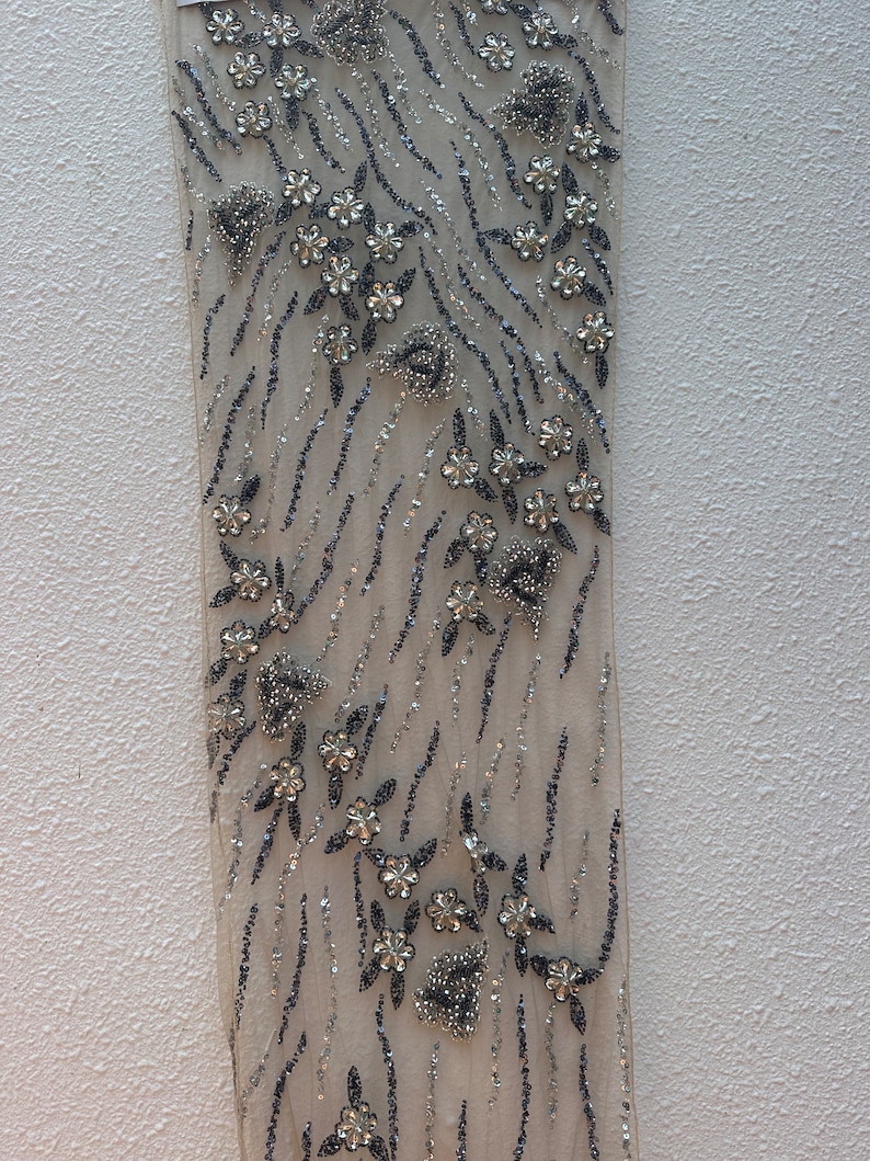 Navy Blue Hand Beaded Couture Evening Gown Fabric With Heavy Embroidery ...