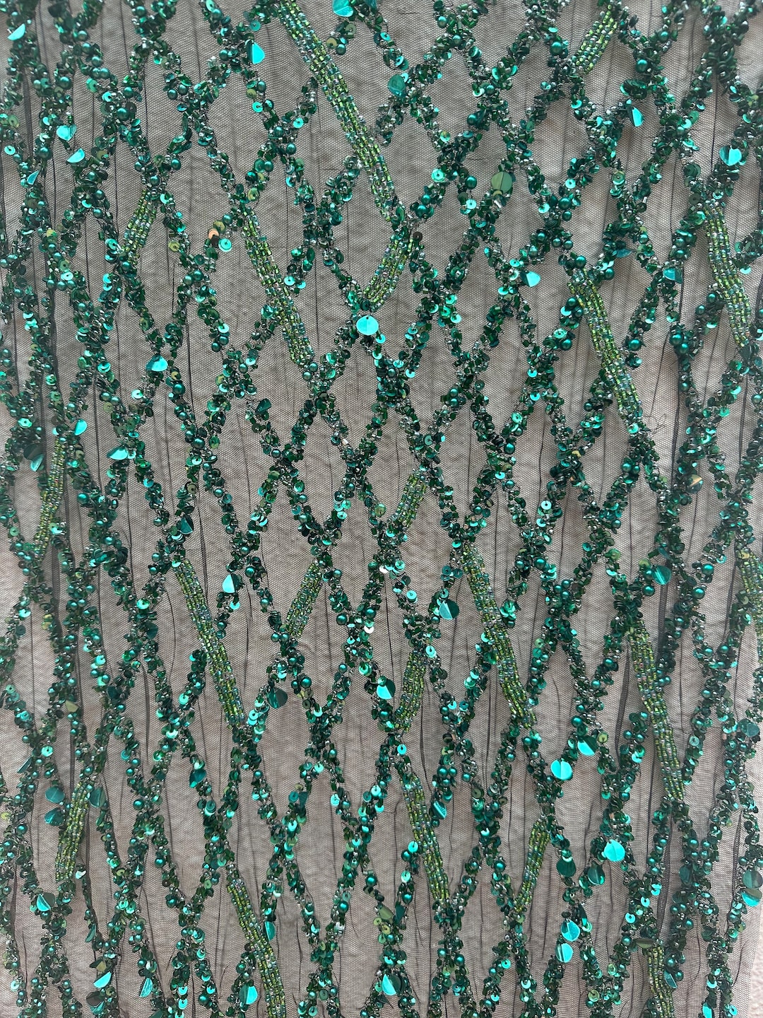 Handmade Luxurious Fabric, Green Sequin Fishnet Fabric Hand Embroidery ...