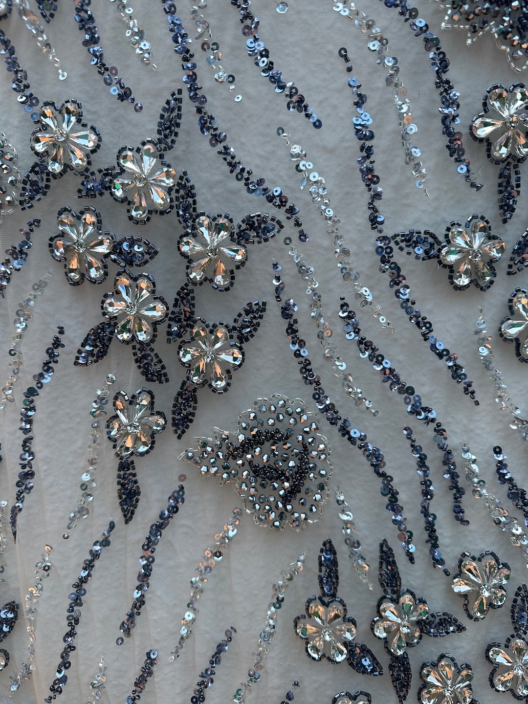 Navy Blue Hand Beaded Couture Evening Gown Fabric With Heavy Embroidery ...