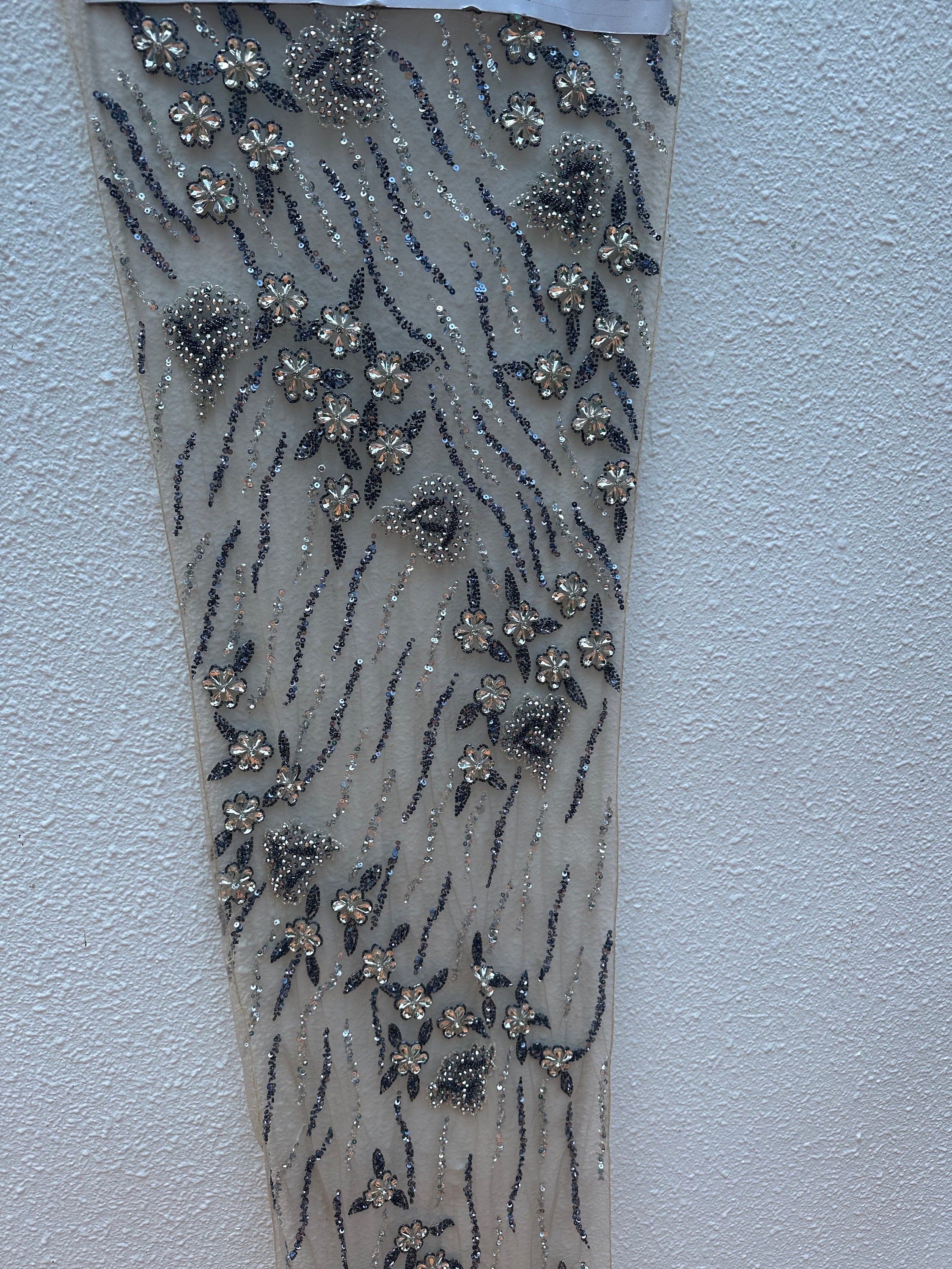 Navy Blue Hand Beaded Couture Evening Gown Fabric With Heavy Embroidery ...
