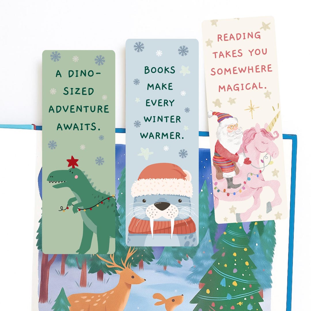 Winter Bookmark Set – Dino, Walrus & Santa Unicorn | 2x6” Printable ...