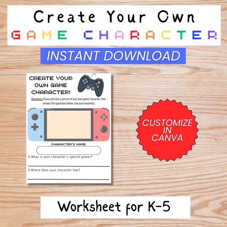 Create Your Own Game Character Worksheet - Etsy
