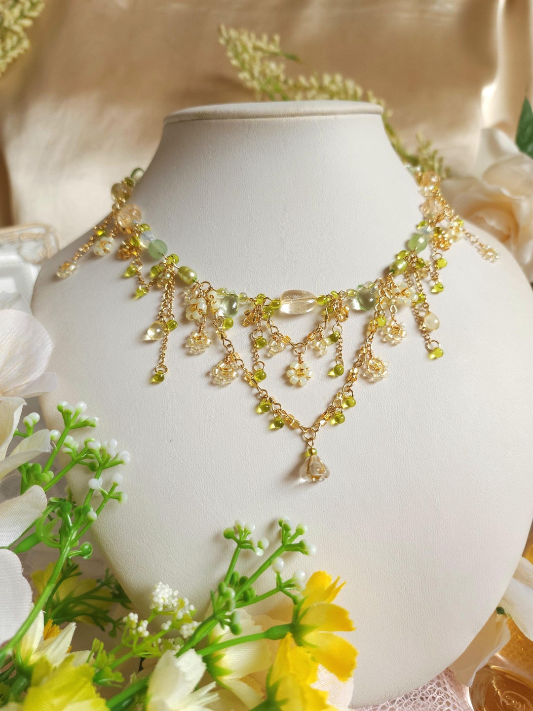 Green and Gold Floral Necklace, Handmade Fairy Jewelry, Ethereal ...