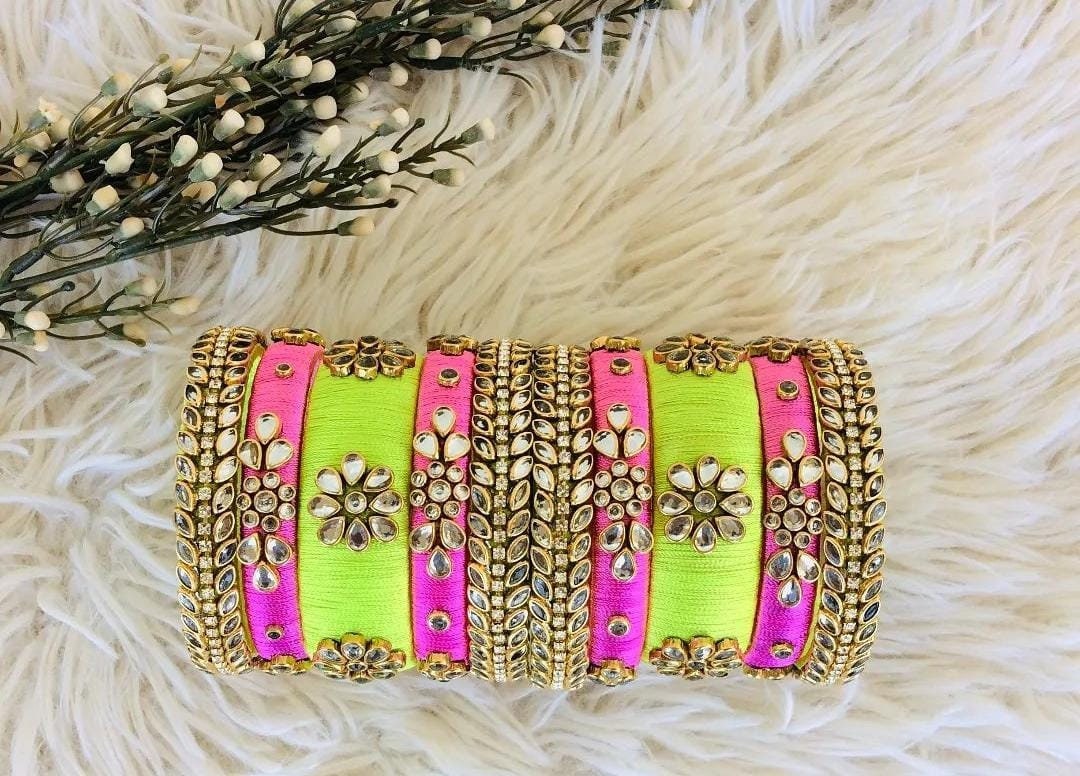 Pink and Parrot Color Silk Thread Bangles - Etsy