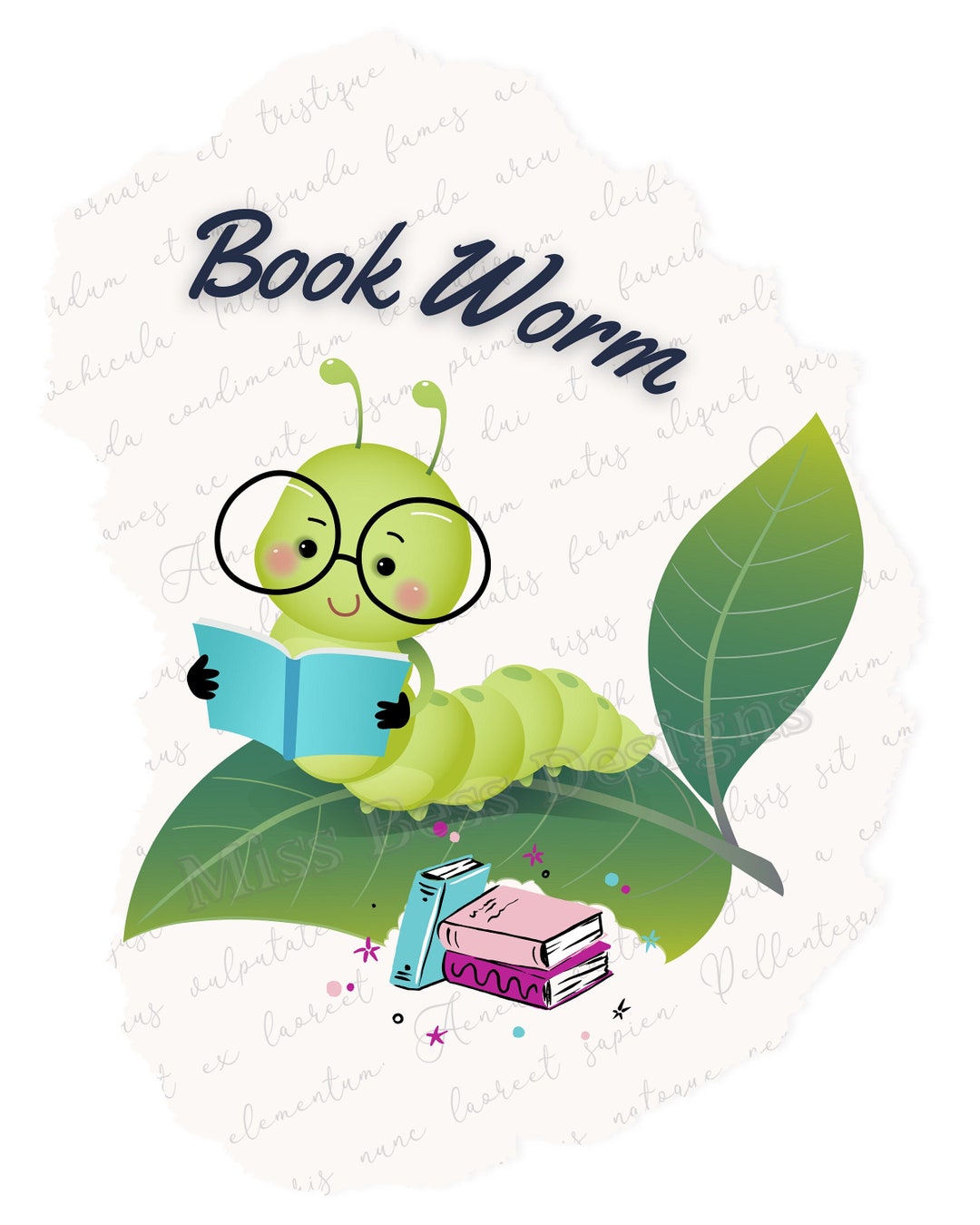 Book Worm Digital Graphic Art - Worm Reading With Glasses on Leaves ...