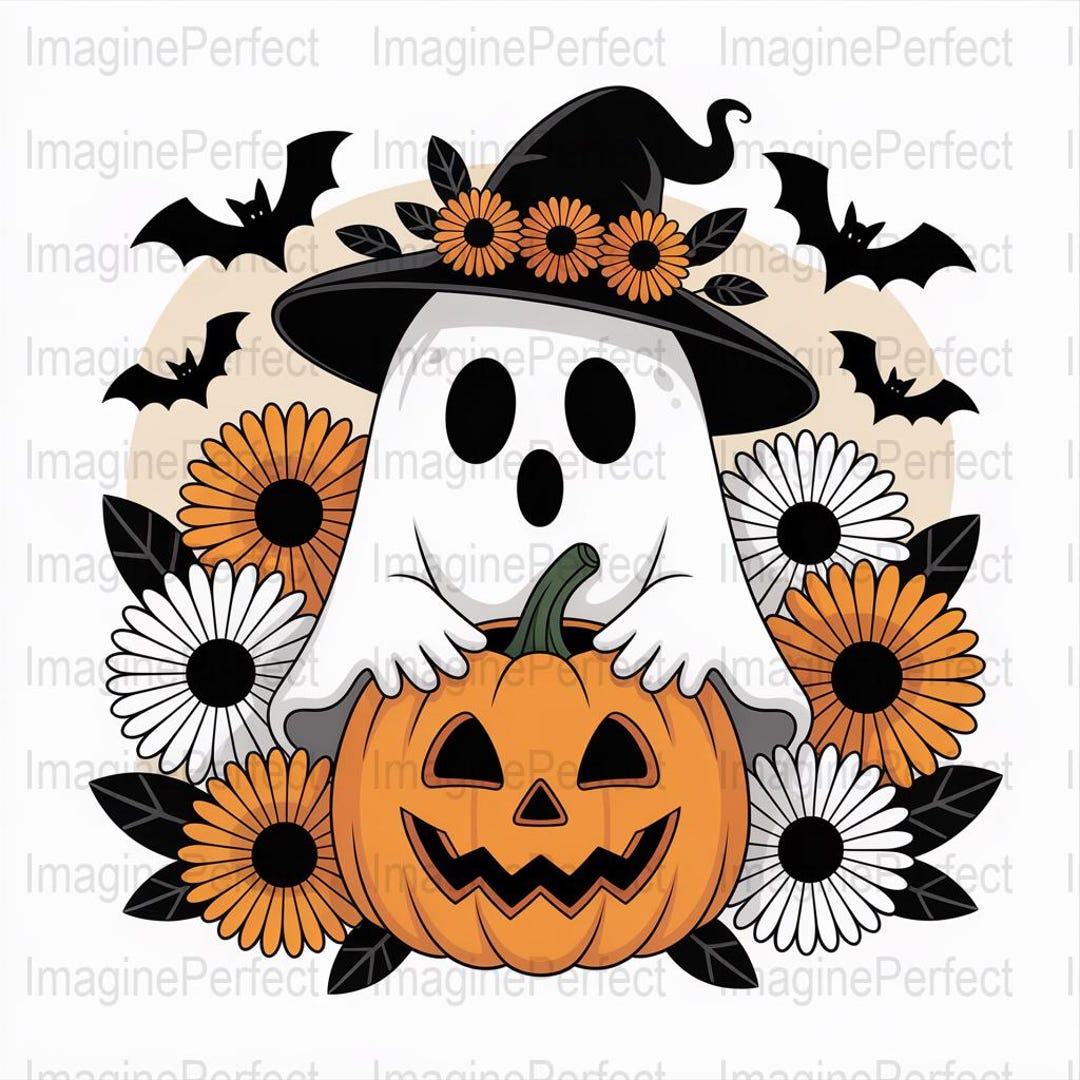 Halloween Ghost Pumpkin Clipart Art, Spooky Floral, Witch Hat (PNG JPG ...