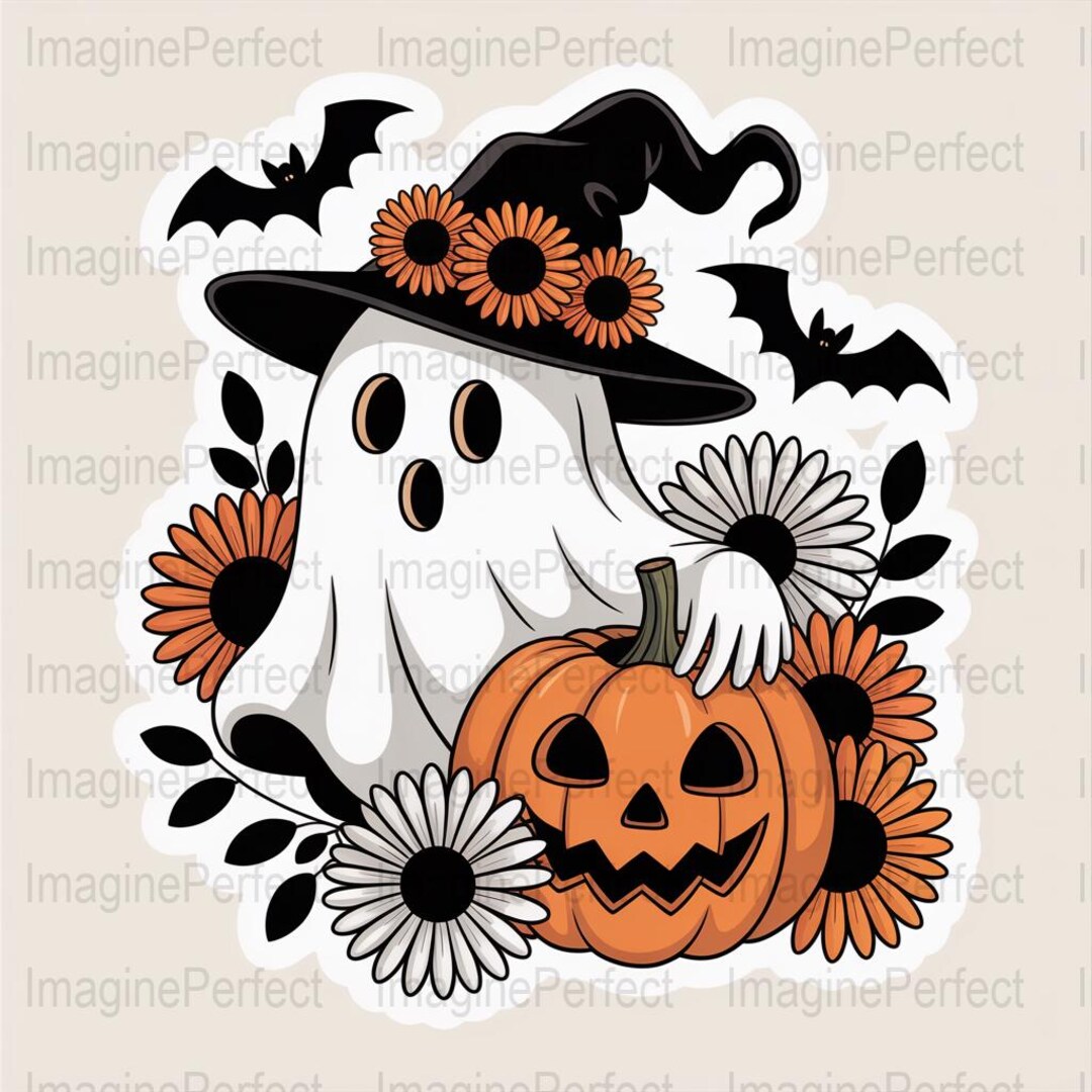Halloween Ghost Clipart: Witch Hat, Pumpkin, Sunflowers (PNG JPG PDF ...