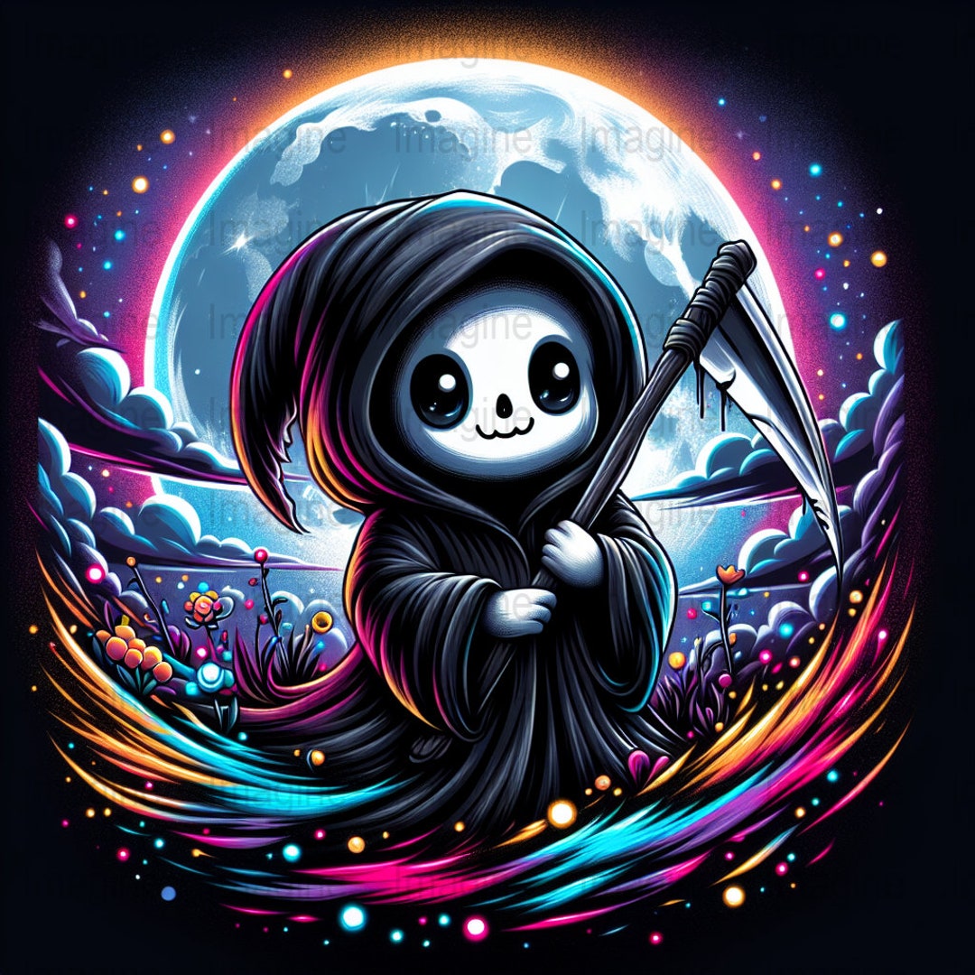 Cute Grim Reaper Digital Art, Vibrant Cosmic Background, Fantasy Moon ...