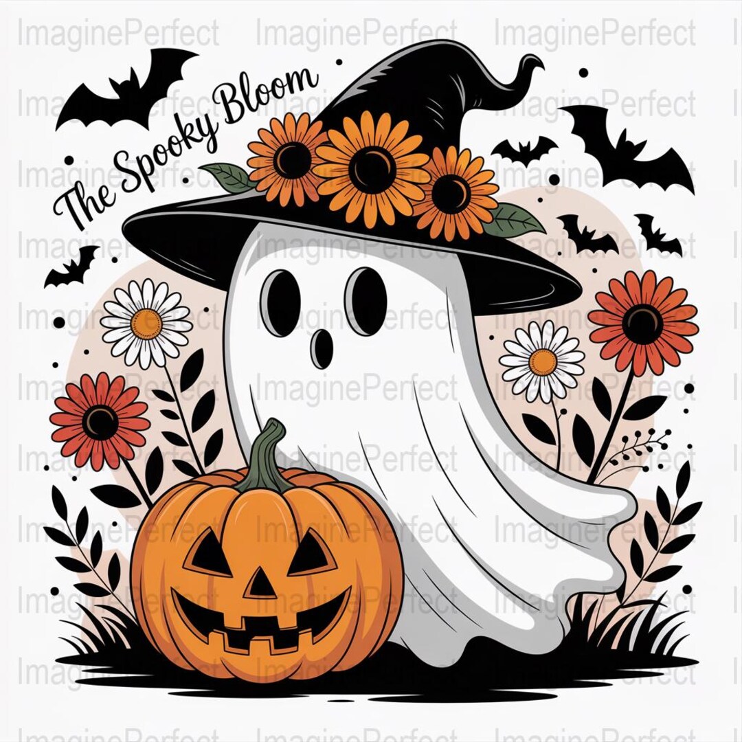 Halloween Ghost Clipart, Witch Hat, Pumpkin, Sunflowers (PNG JPG PDF ...