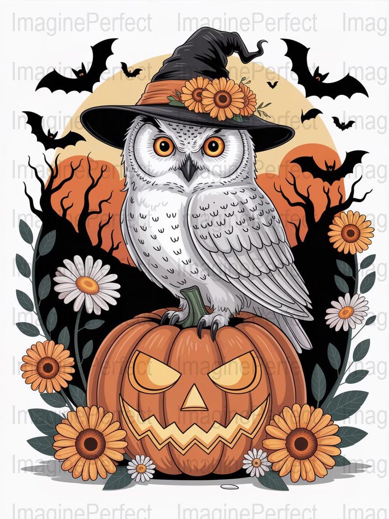 Halloween Owl Digital Art: Witch Hat, Pumpkin, Bats (PNG, JPG, PDF) - Etsy