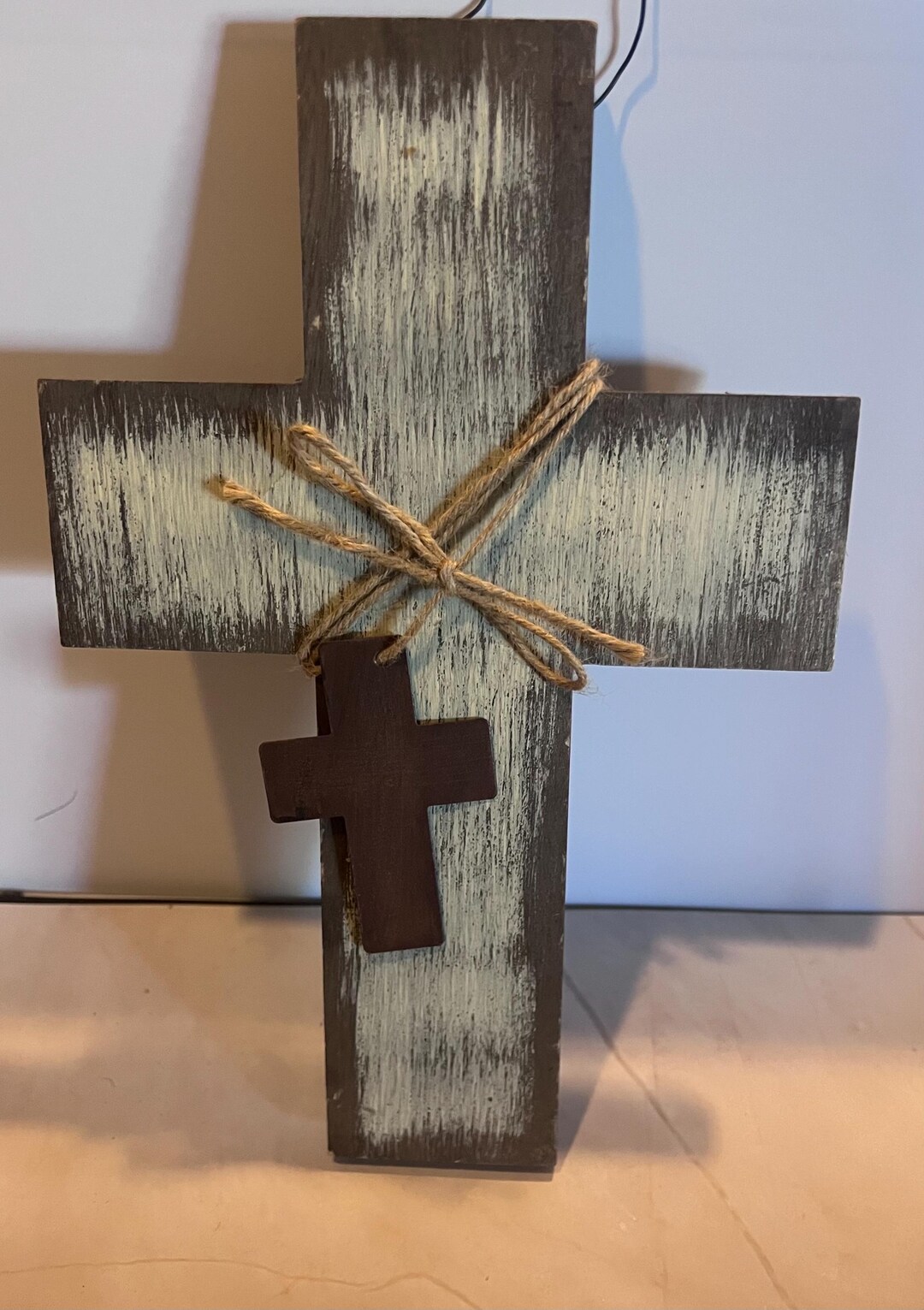 Rustic Distressed Wooden Cross With Twine Bow and Mini Hanging Cross ...