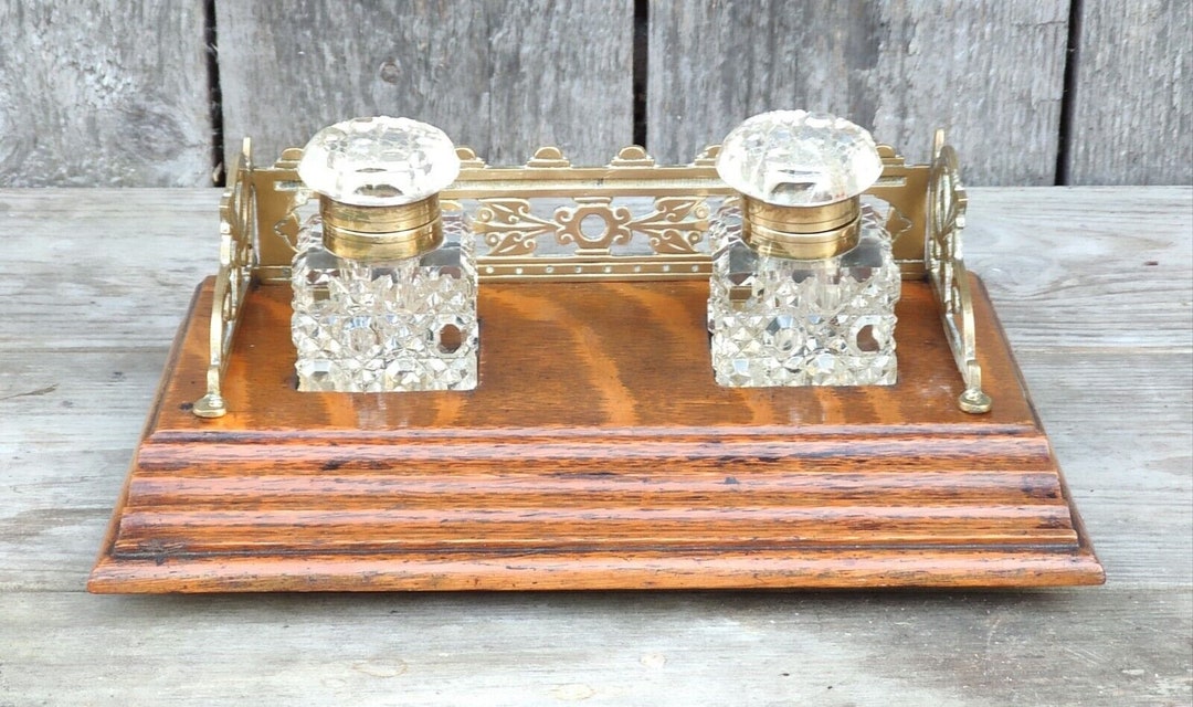A Vintage Solid Oak and Brass Ink Stand With Two Cut Glass Inkwells ...