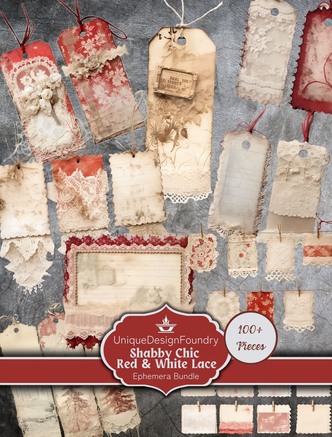 Vintage Shabby Chic Red & White Lace Ephemera Pack, 11 Page Bundle ...