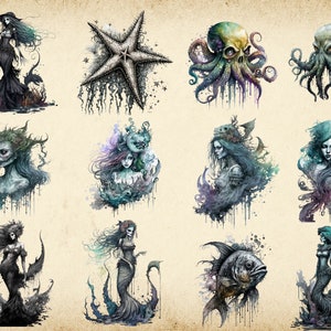 Cursed Ocean Mermaid Watercolor Clipart Bundle, 22 PNG Images Witch ...
