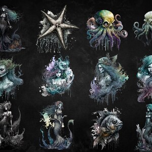Cursed Ocean Mermaid Watercolor Clipart Bundle, 22 PNG Images Witch ...