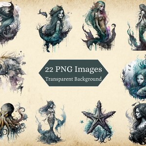 Cursed Ocean Mermaid Watercolor Clipart Bundle, 22 PNG Images Witch ...