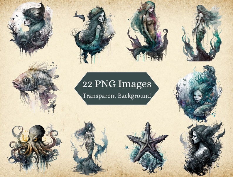 Cursed Ocean Mermaid Watercolor Clipart Bundle 22 PNG Images - Etsy