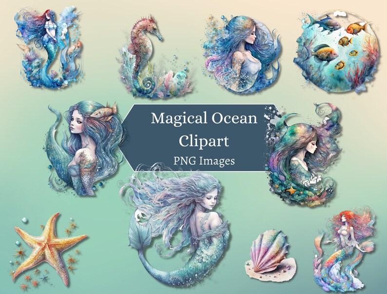 Magical Ocean Mermaid Watercolor Clipart Bundle 18 PNG Images - Etsy